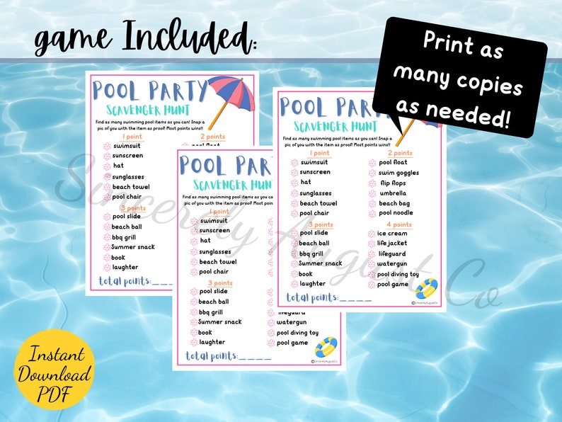 Pool Party SCAVENGER HUNT Game - Printable Pool Party Game -scavenger ...