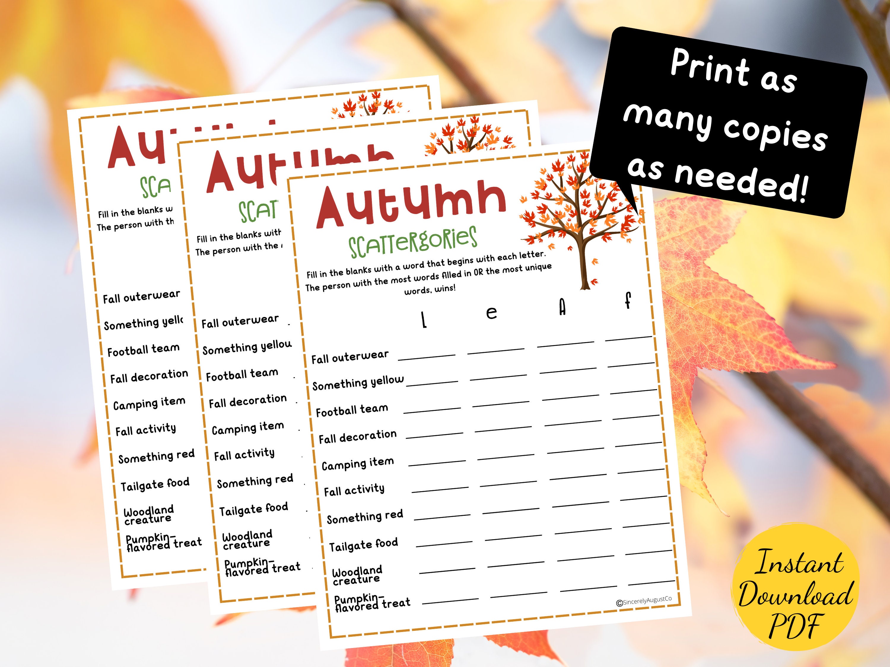 SCATTERGORIES Fall Game Printable Autumn Party Game - Etsy
