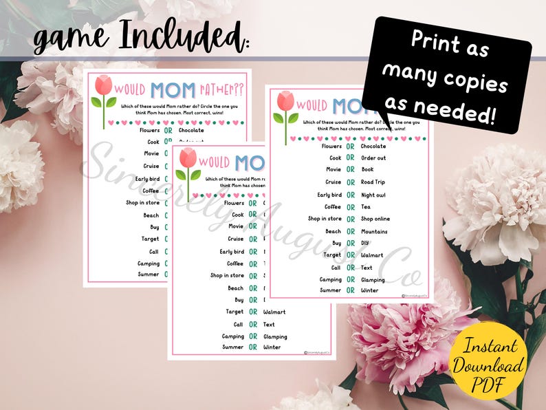 Mother's Day Game: WOULD MOM RATHER - Printable Party Activity - Etsy