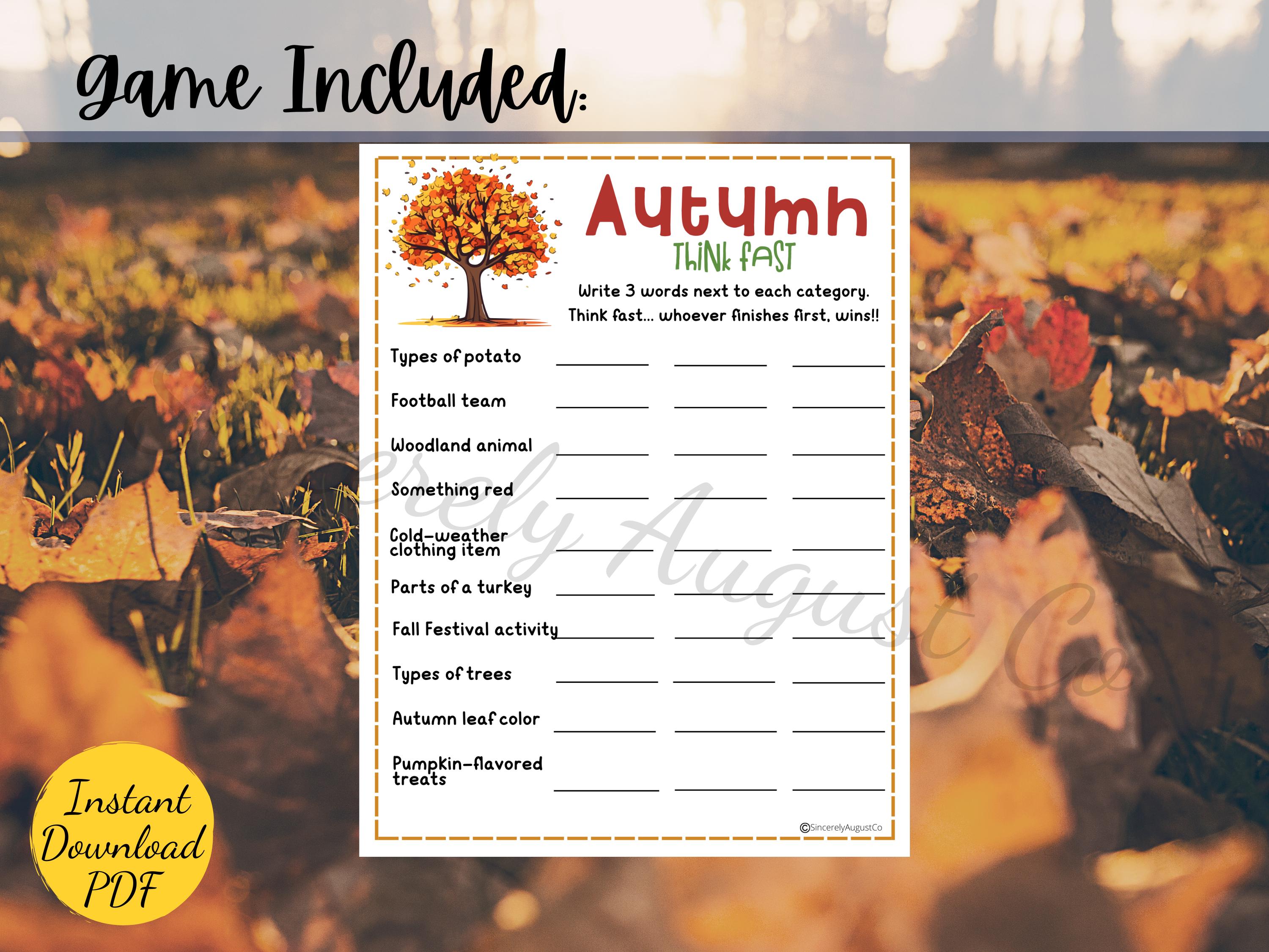 Fall THINK FAST Game: Printable Autumn Party (PDF Download) - Etsy