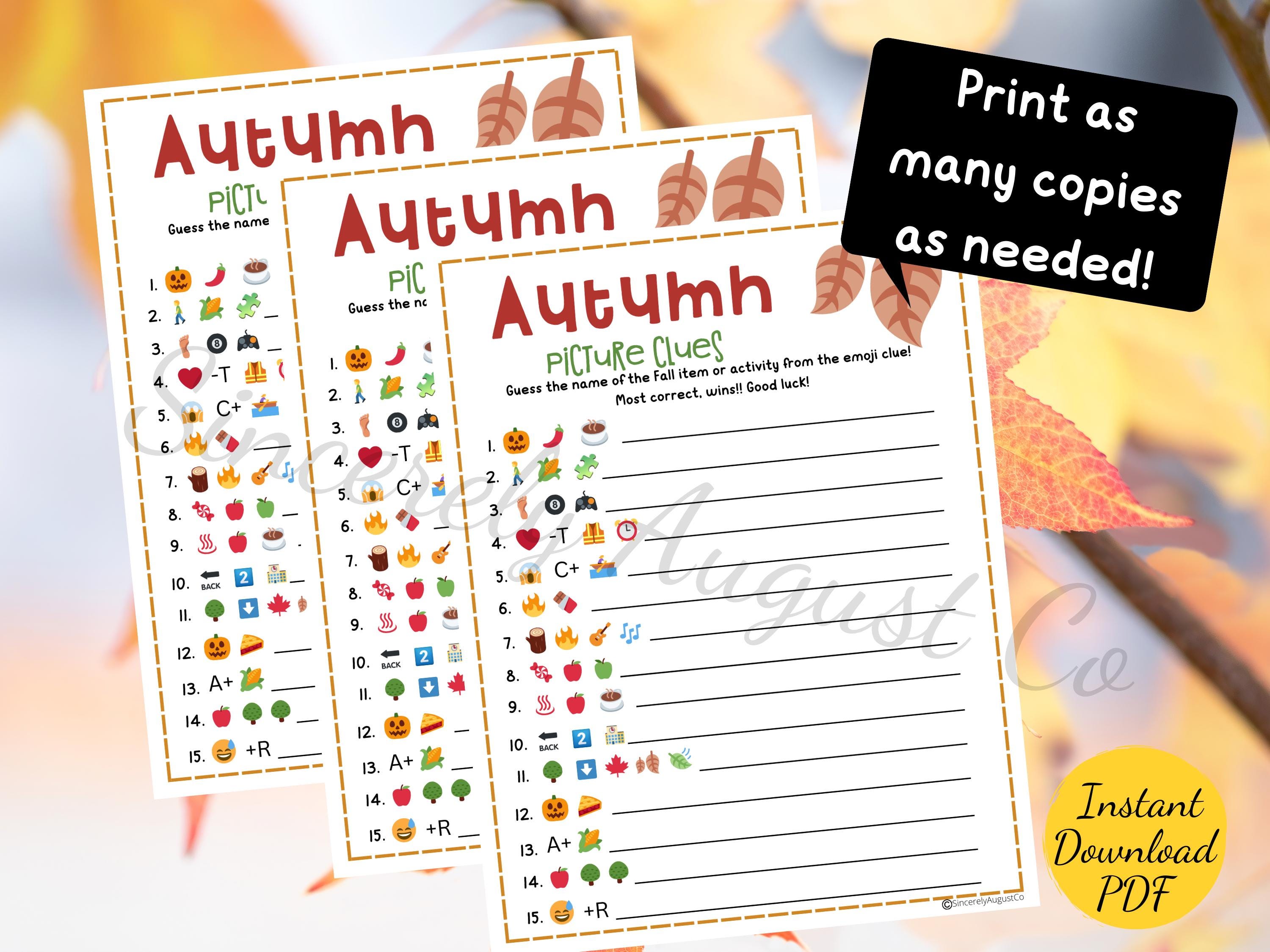 Fall PICTURE CLUES Game: Printable Autumn Emoji Pictionary (PDF) - Etsy