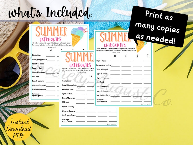 Summer CATEGORIES Game: Printable Party Activity (PDF) - Etsy