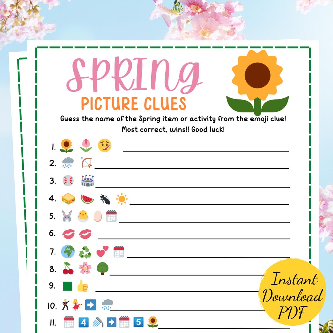 Spring PICTURE CLUES Game: Printable Emoji Pictionary Party Activity ...