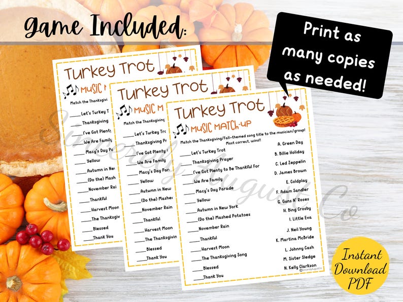 Thanksgiving MUSIC TRIVIA Game: Turkey Trot Match-up (printable PDF) - Etsy