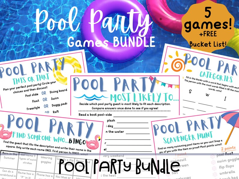 POOL Party GAME BUNDLE 5 Printable Pool Party Games Fun Pool Party ...