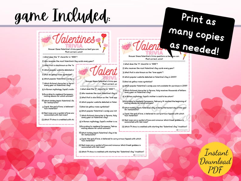 Valentines Day TRIVIA Game - Valentines Day Party Game - Printable ...