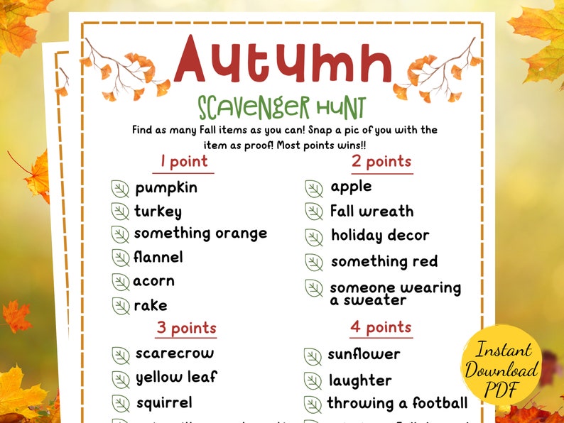 FALL SCAVENGER HUNT Printable Autumn Party Game Scavenger Hunt Game Fun ...