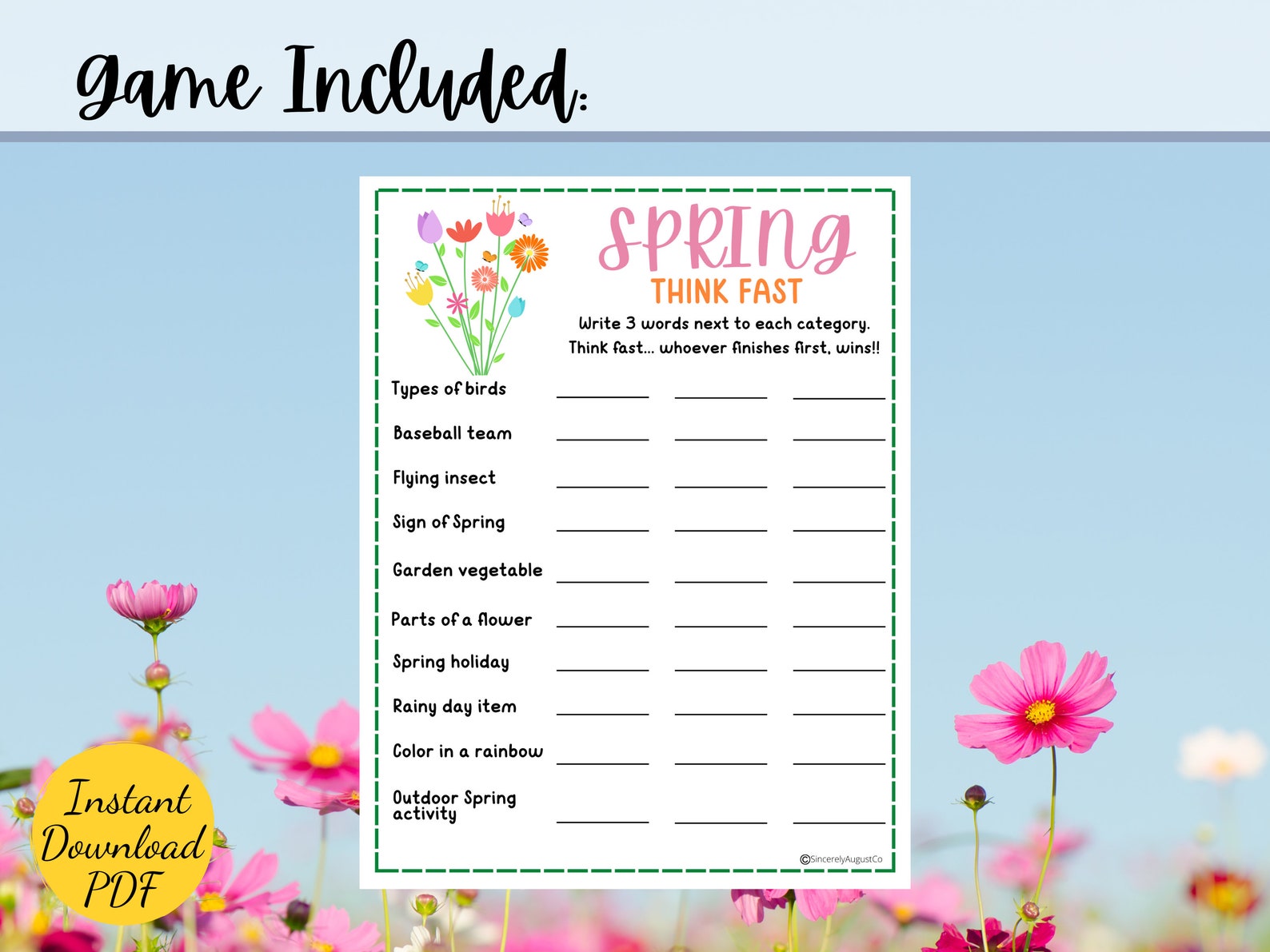 Spring Season THINK FAST Game Printable Spring Party Games Fun Think ...