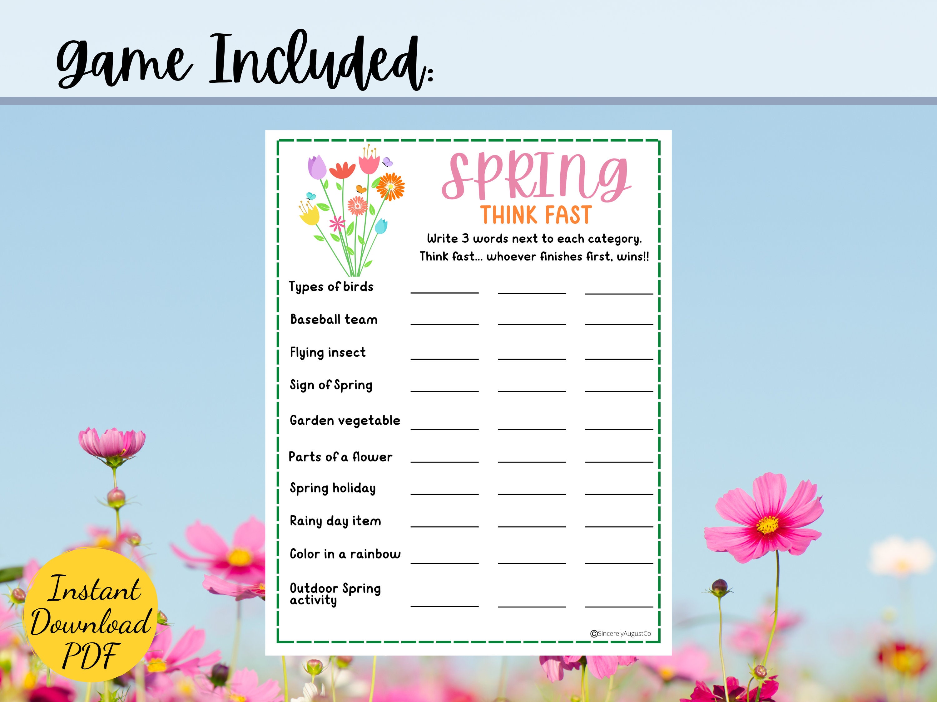 Spring Season THINK FAST Game Printable Spring Party Games Fun Think ...