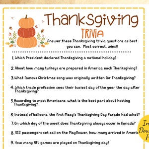 Thanksgiving TRIVIA Thanksgiving Party Game Printable - Etsy
