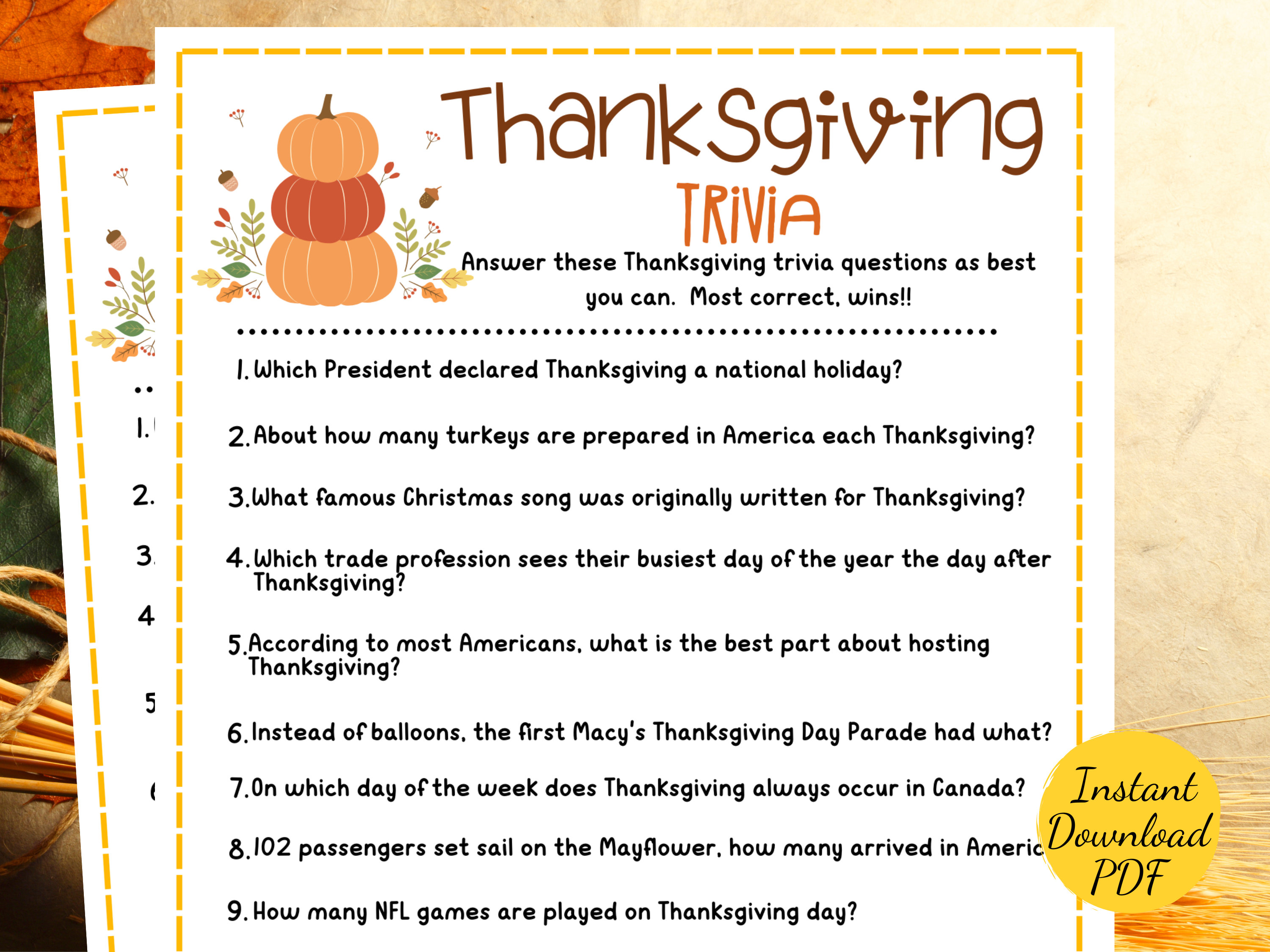 Thanksgiving TRIVIA Thanksgiving Party Game Printable - Etsy