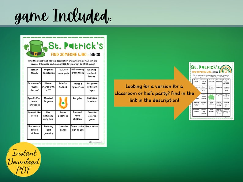 St. Patrick's Day BINGO Game St. Patrick's Find the Guest Bingo St ...
