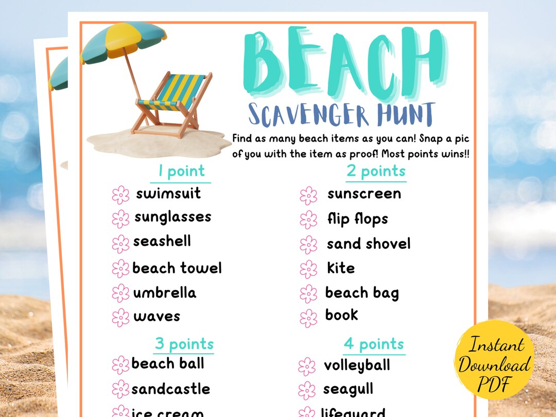 Beach SCAVENGER HUNT Game - Printable Beach Day Party Game - Scavenger ...