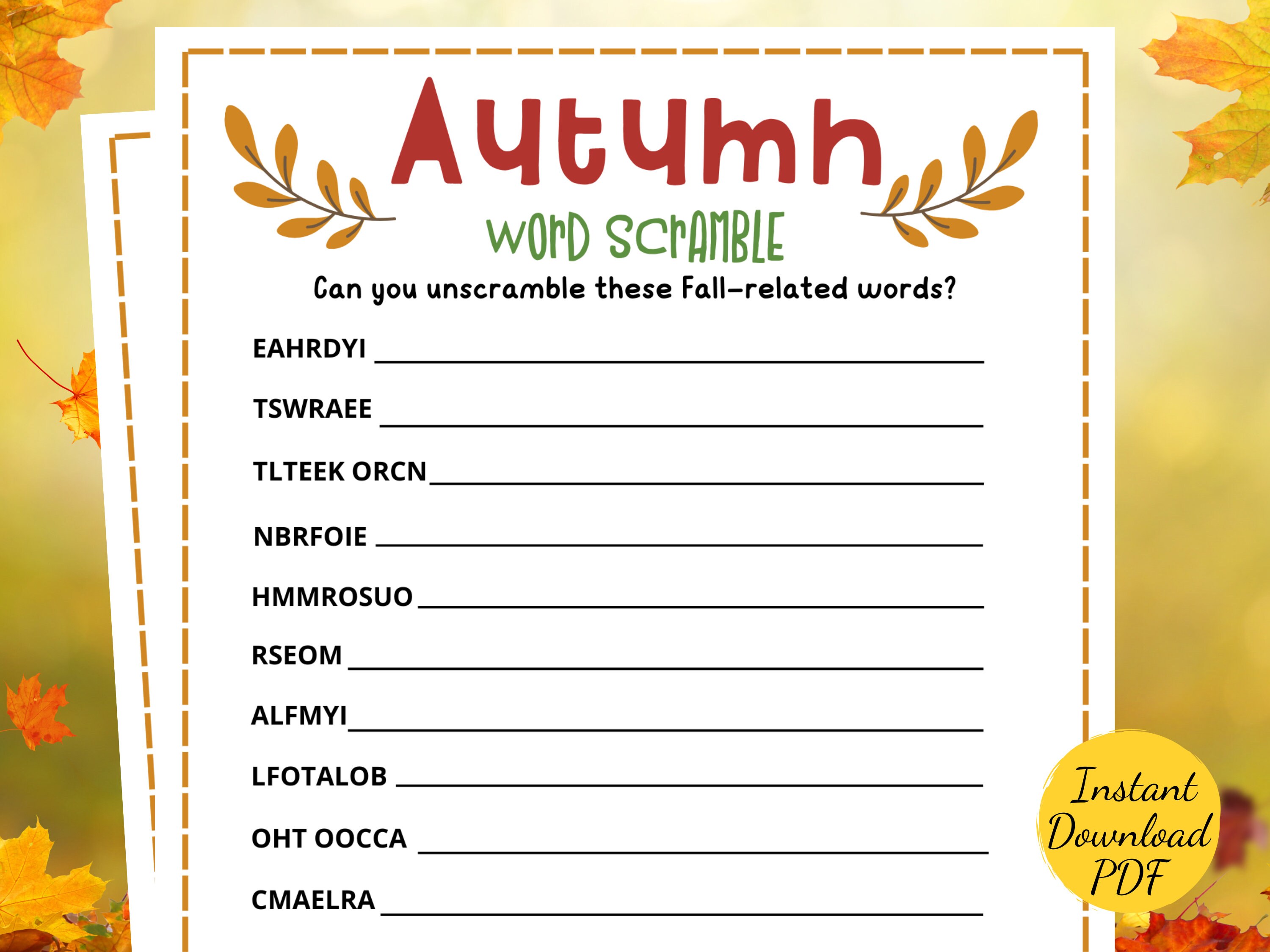 WORD SCRAMBLE Fall Game Printable Autumn Party Game Word Scramble Fall ...