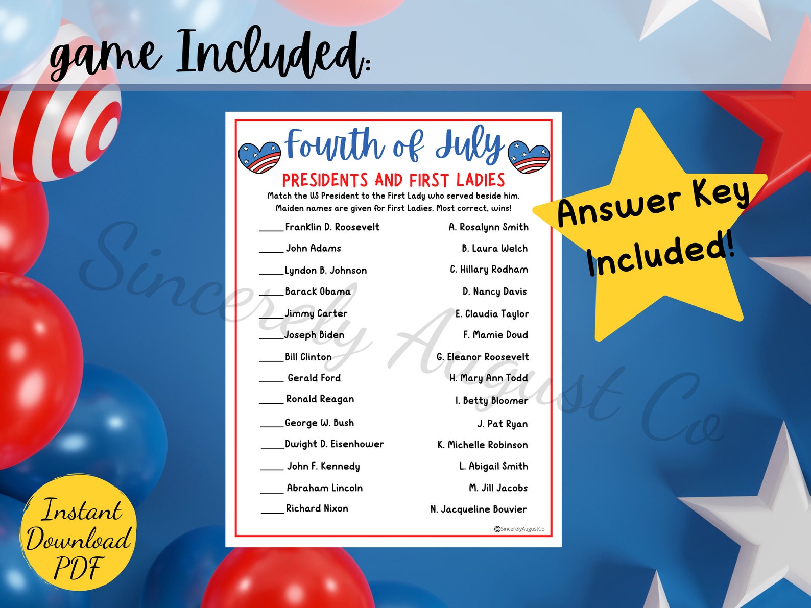 Fourth of July PRESIDENTIAL COUPLES Matching Game July 4th Party Game ...