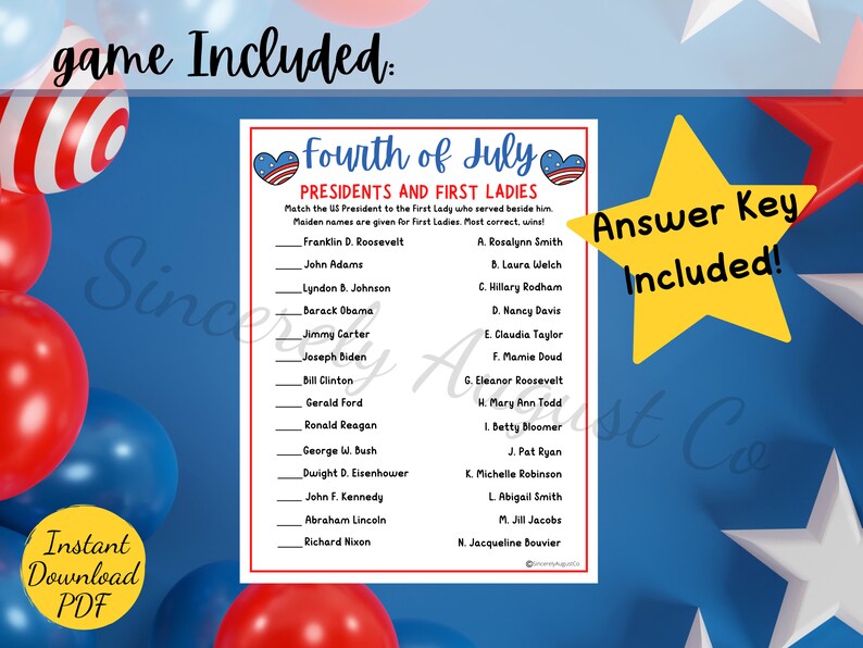 Fourth of July PRESIDENTIAL COUPLES Matching Game - July 4th Party Game ...