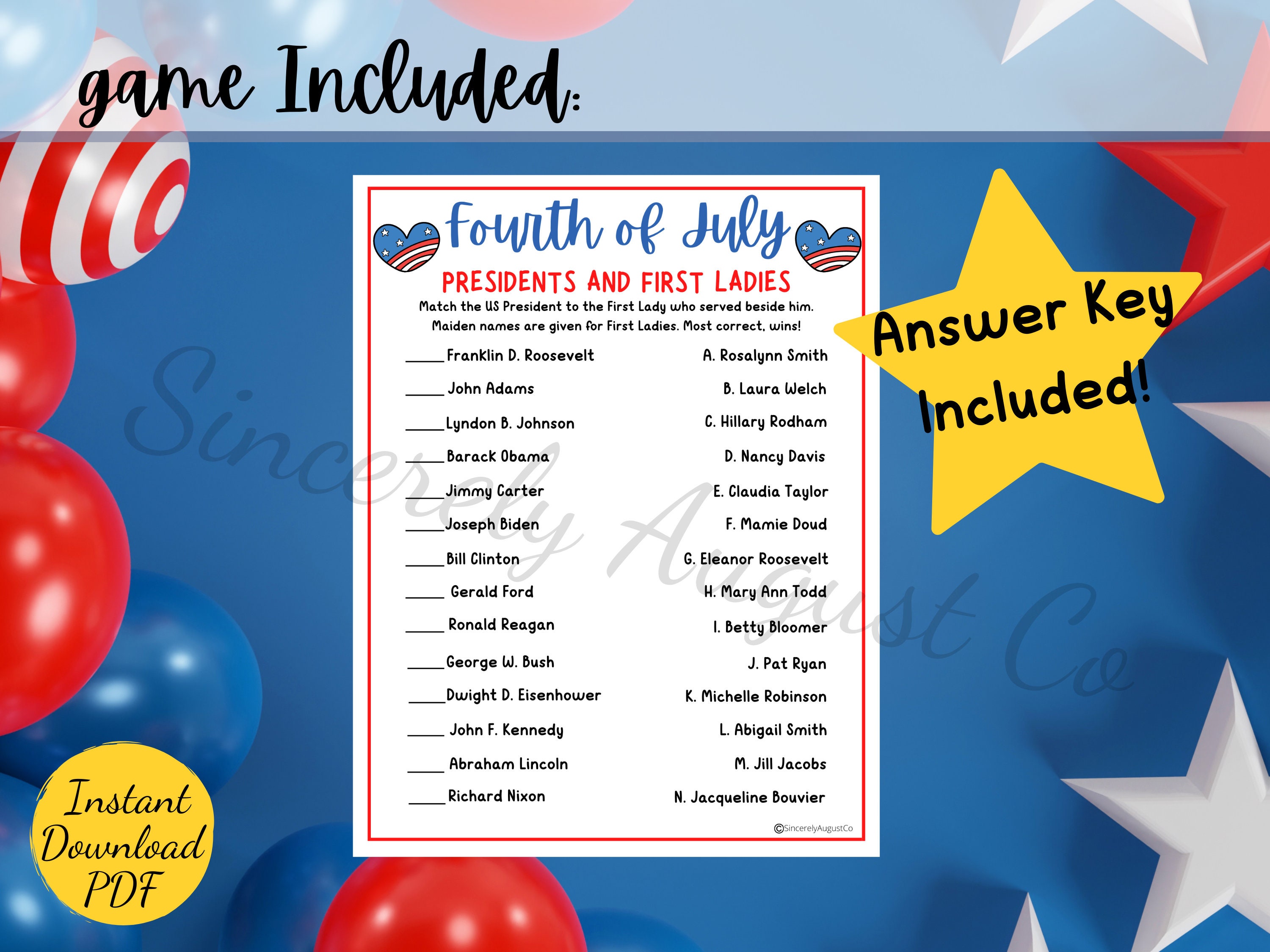 Fourth of July PRESIDENTIAL COUPLES Matching Game - July 4th Party Game ...