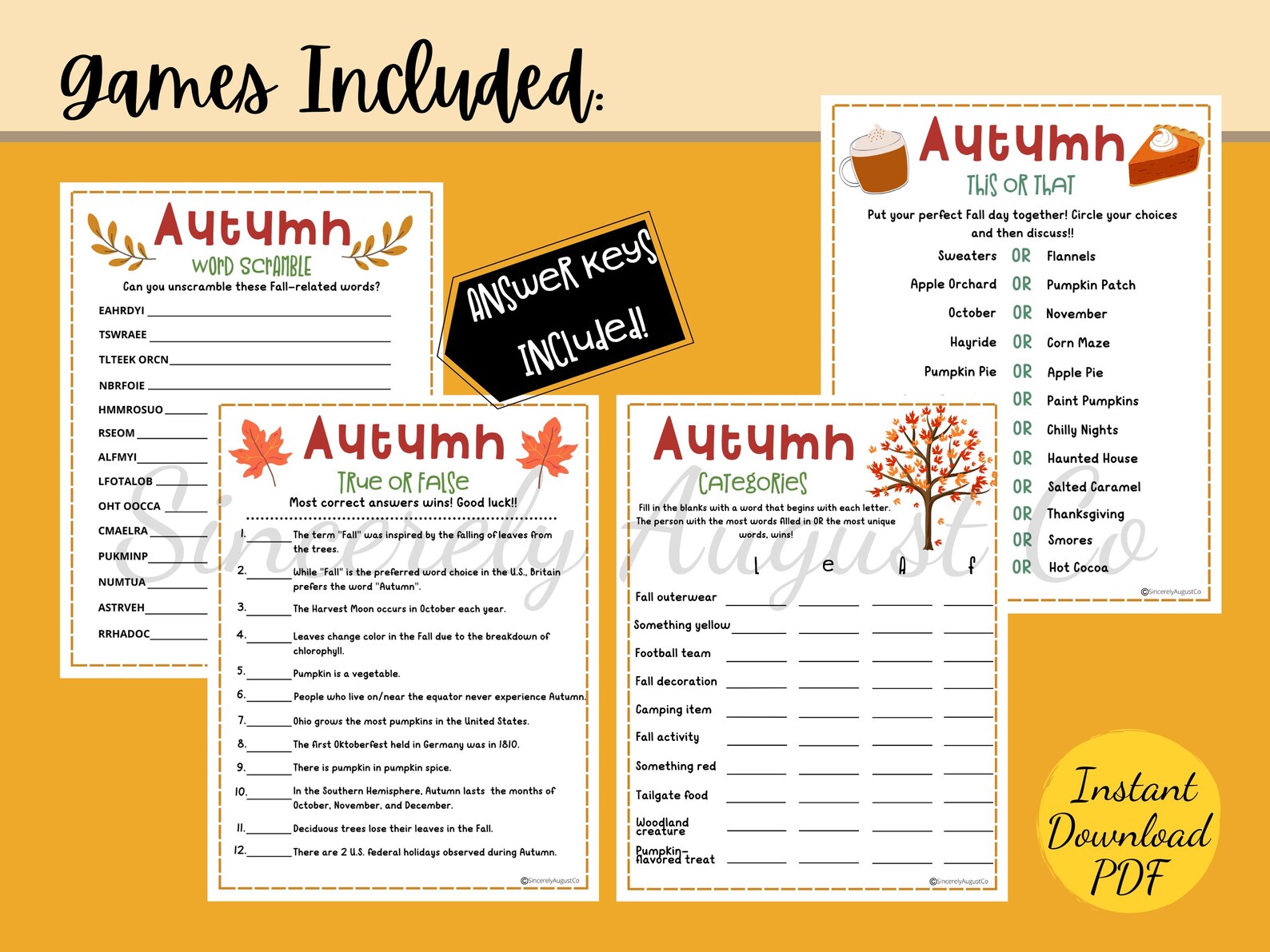 FALL Season GAMES BUNDLE Printable Autumn Games Fall Games for Families ...