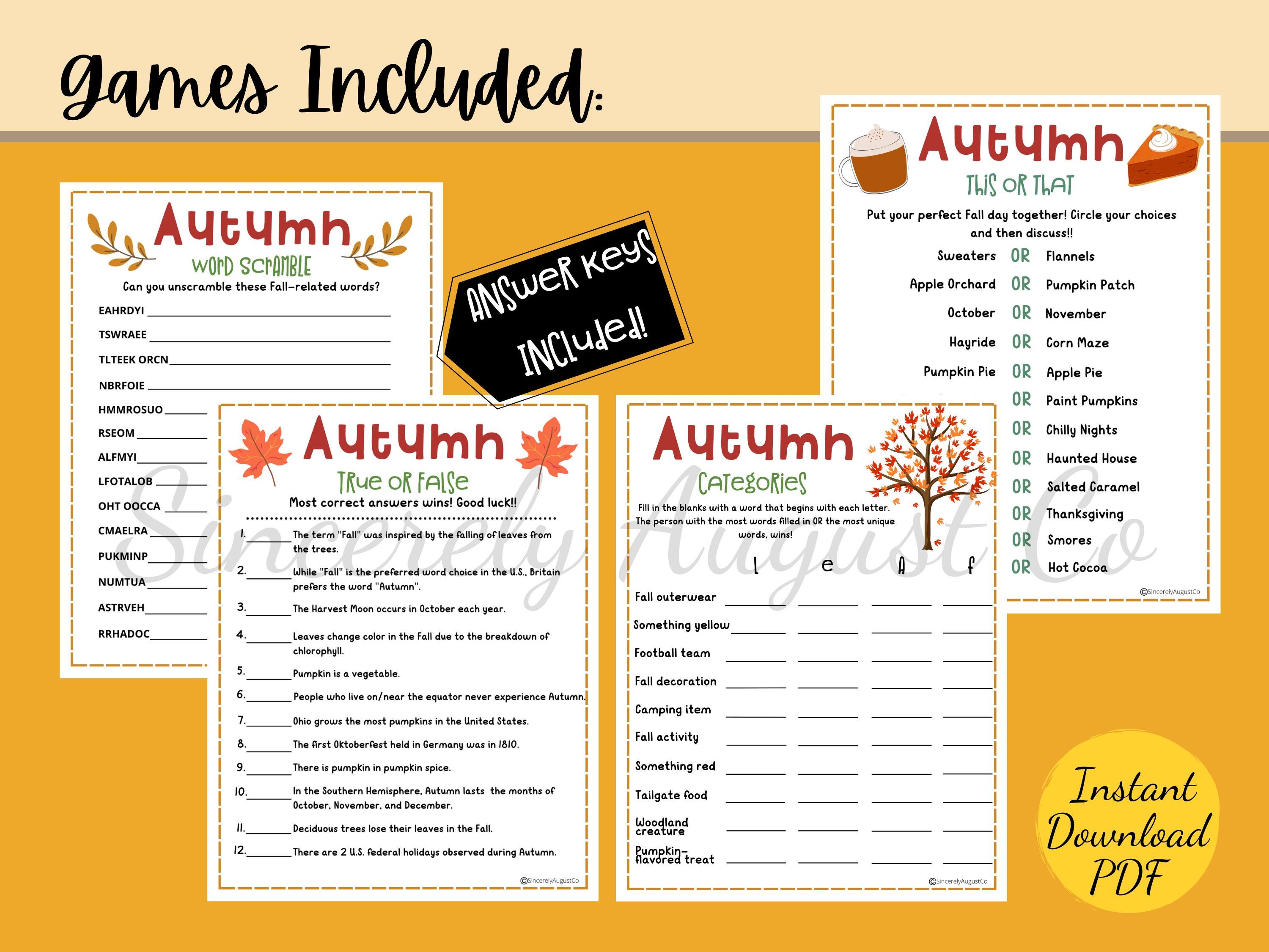 FALL Season GAMES BUNDLE Printable Autumn Games Fall Games for Families ...