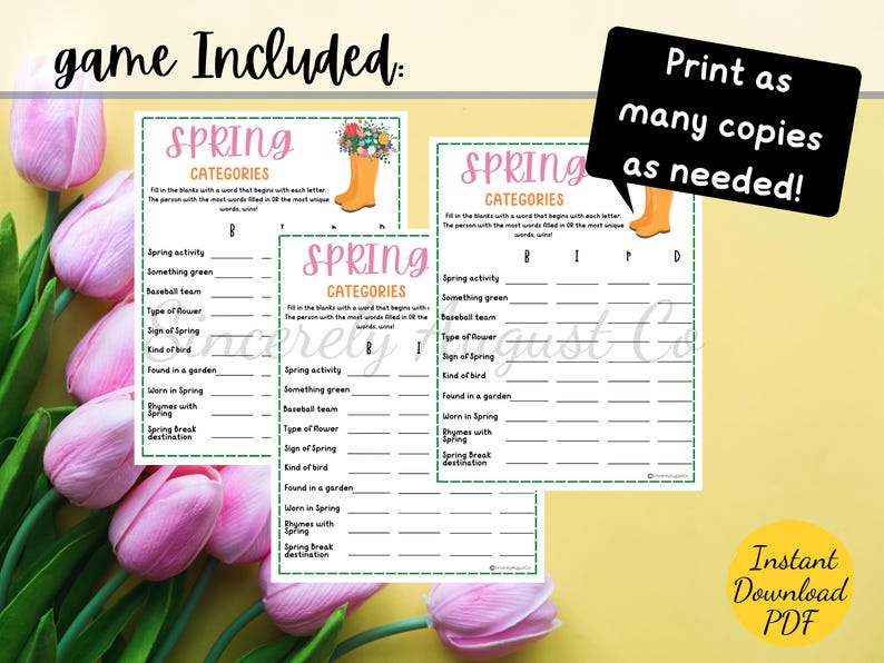 Spring CATEGORIES Game: Printable Party Game (PDF) - Etsy