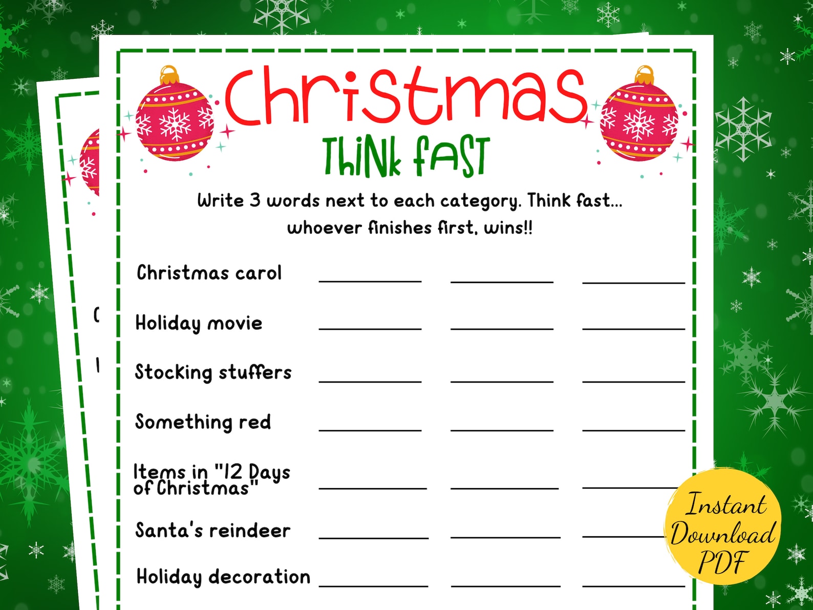 Think Fast Christmas Game Christmas Party Game Printable Christmas ...