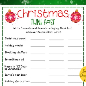 Think Fast Christmas Game Christmas Party Game Printable Christmas ...