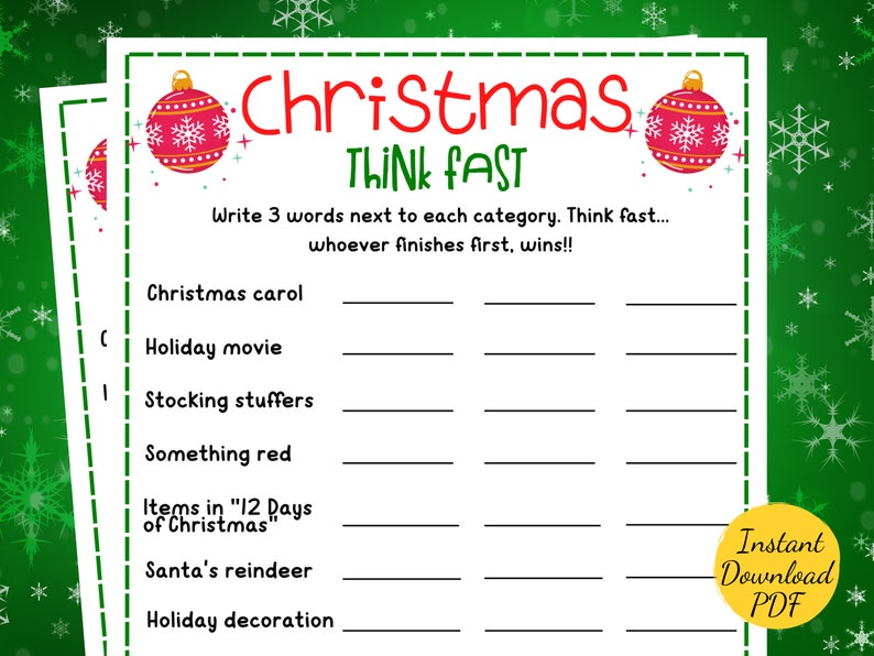 Think Fast Christmas Game Christmas Party Game Printable Christmas ...