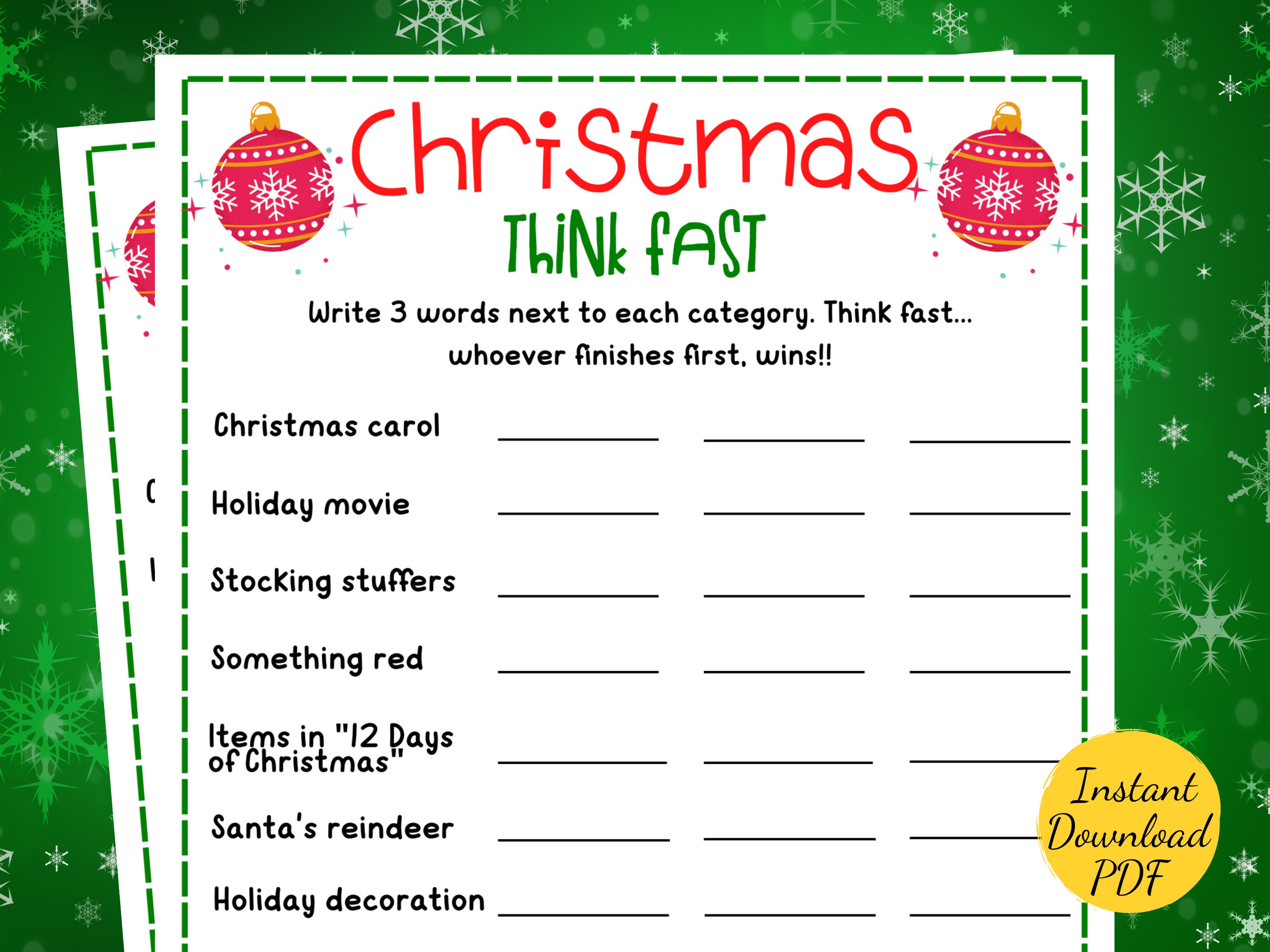 Think Fast Christmas Game Christmas Party Game Printable Christmas ...