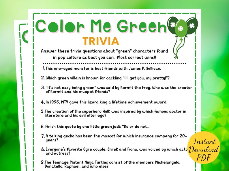 COLOR ME GREEN Trivia St. Patrick's Day Party Game Printable St ...
