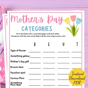 Mothers Day CATEGORIES Game - Mothers Day Party Game - Printable ...