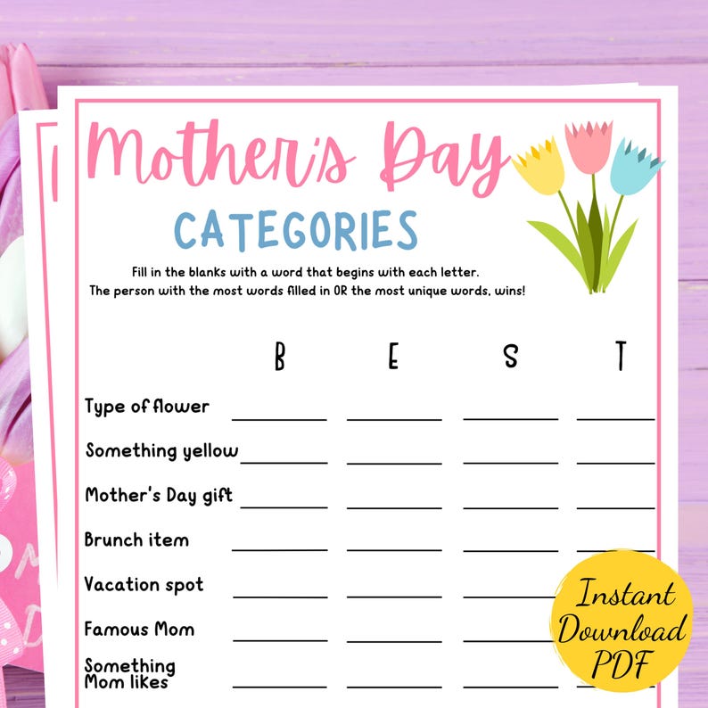 Mothers Day CATEGORIES Game - Mothers Day Party Game - Printable ...
