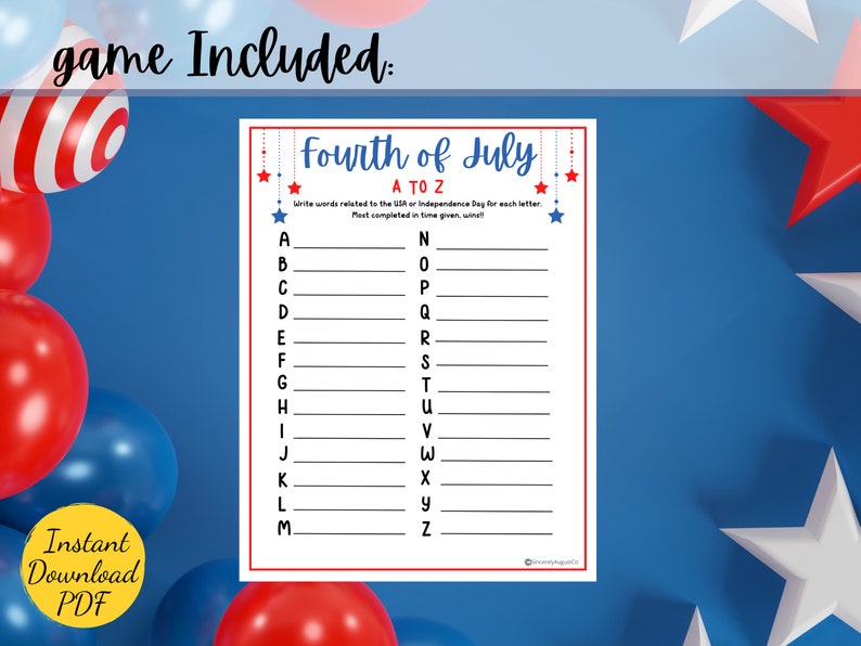Fourth of July A TO Z Game July 4th Party Game Printable - Etsy