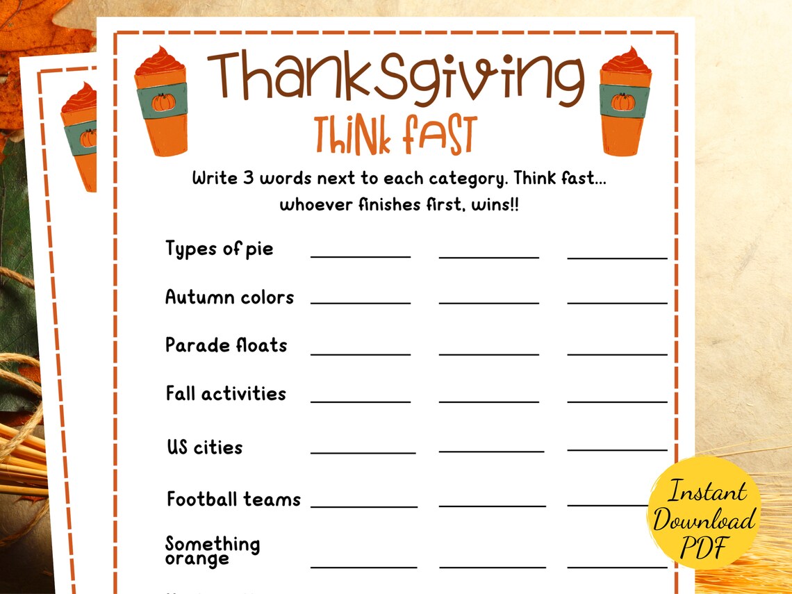 Thanksgiving Think Fast Thanksgiving Party Game Printable - Etsy