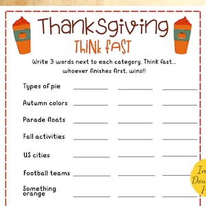 Thanksgiving Think Fast Thanksgiving Party Game Printable - Etsy