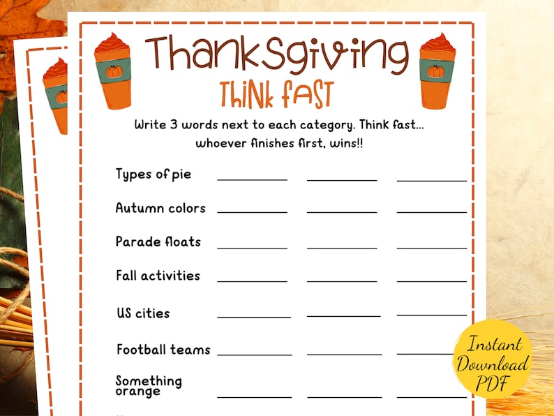 Thanksgiving Think Fast Thanksgiving Party Game Printable - Etsy