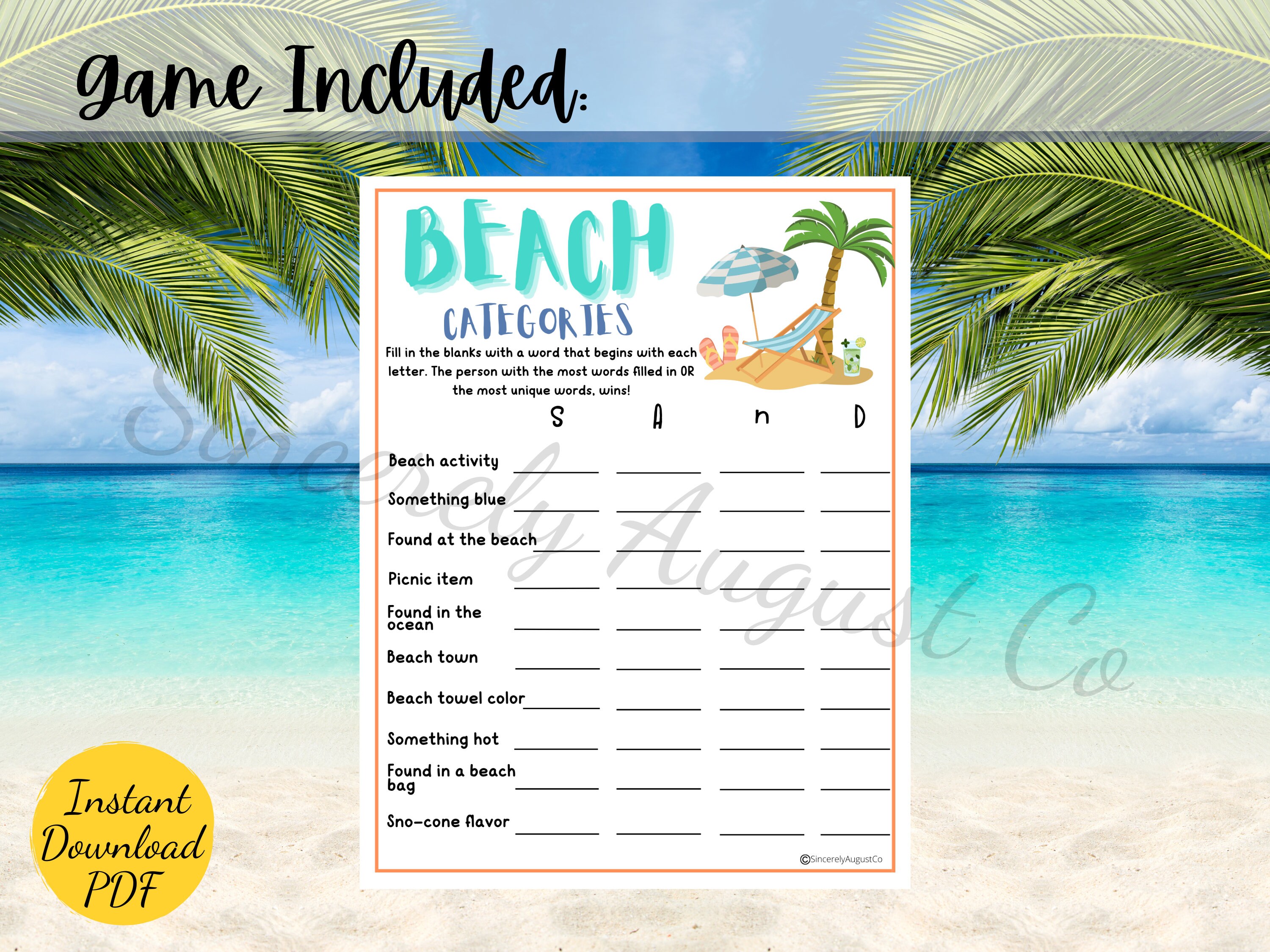 Beach CATEGORIES Game - Printable Beach Day Party Game - Beach ...