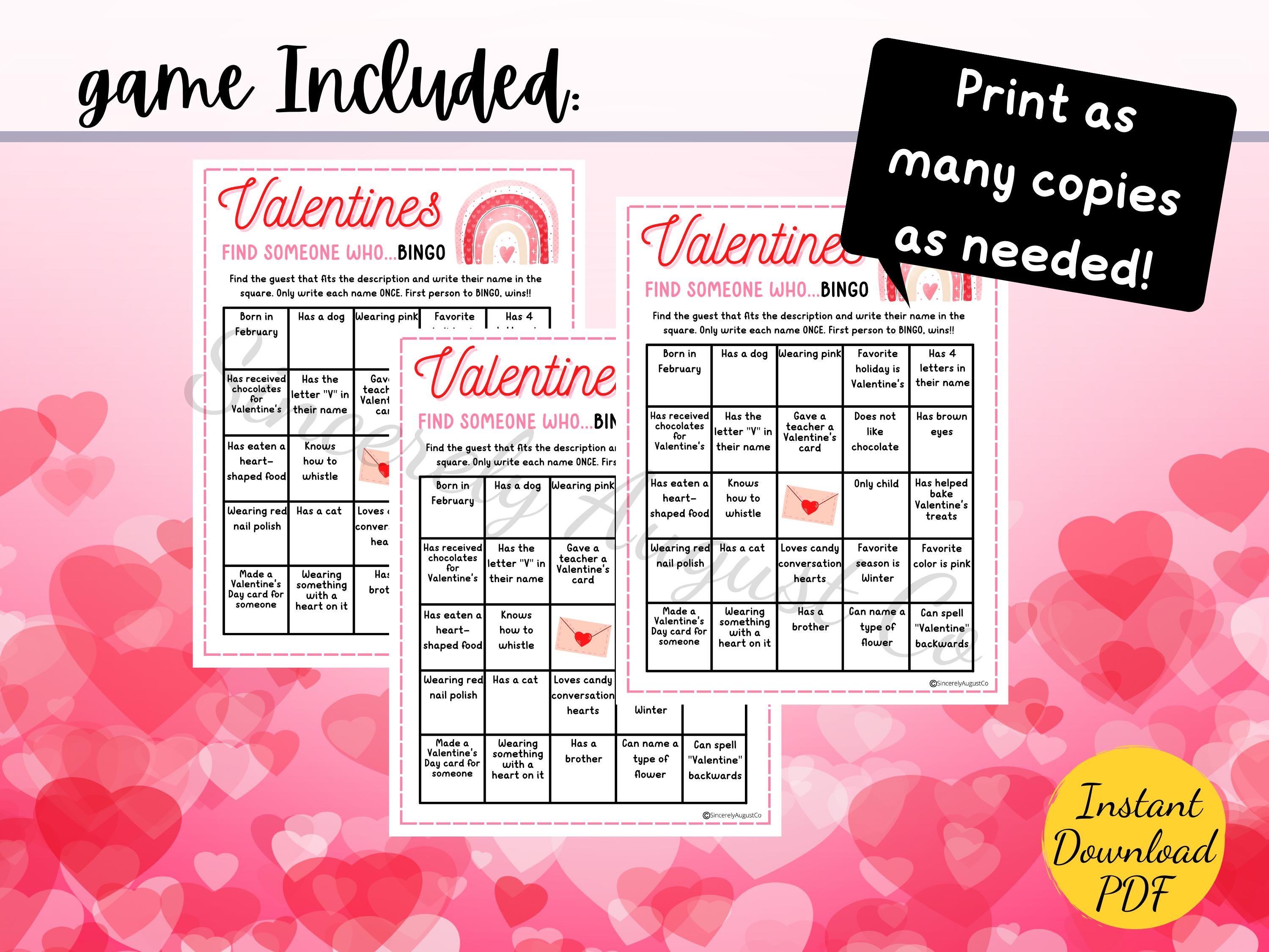 Valentines Find Someone Who BINGO Game - Valentines Find the Guest ...