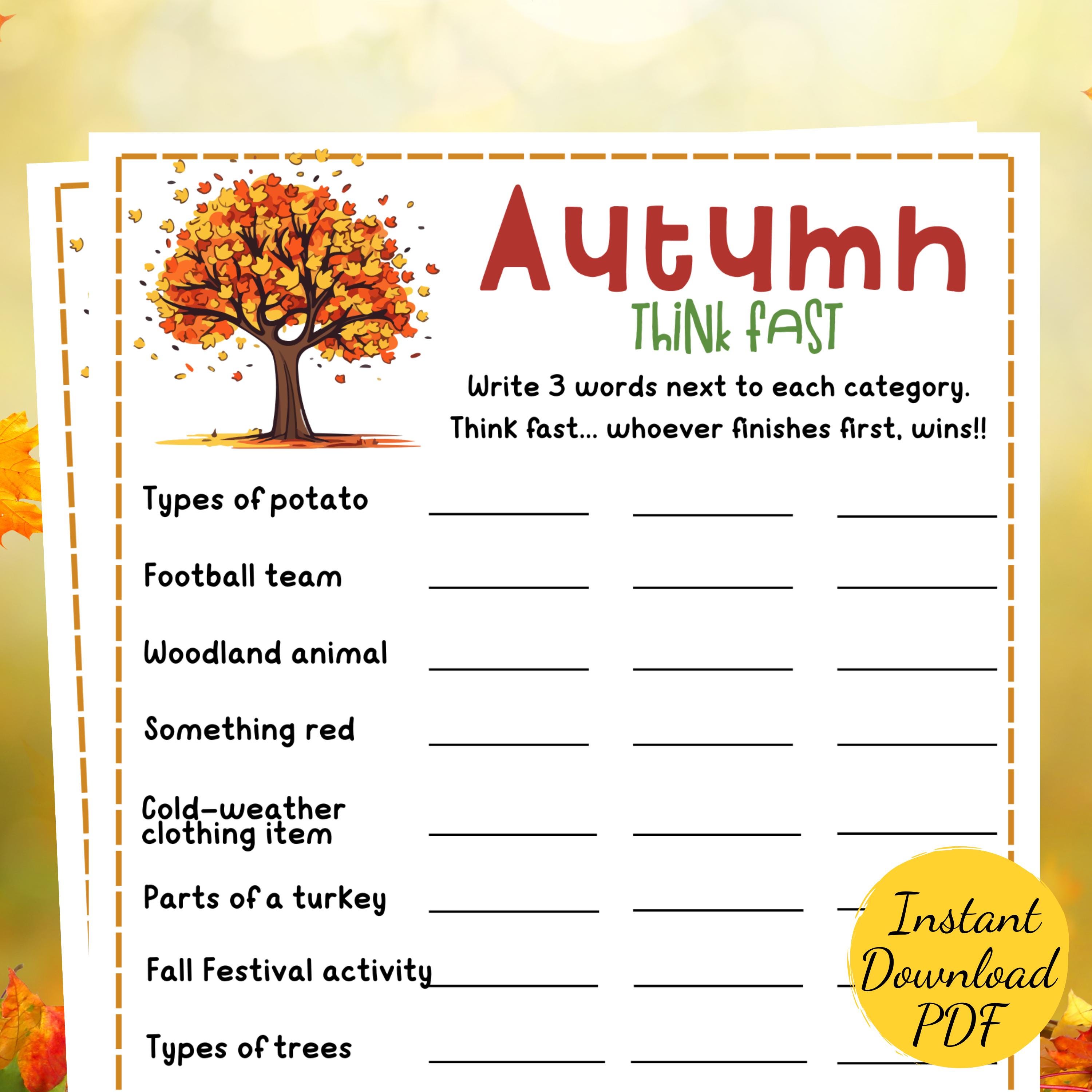 Fall THINK FAST Game: Printable Autumn Party (PDF Download) - Etsy