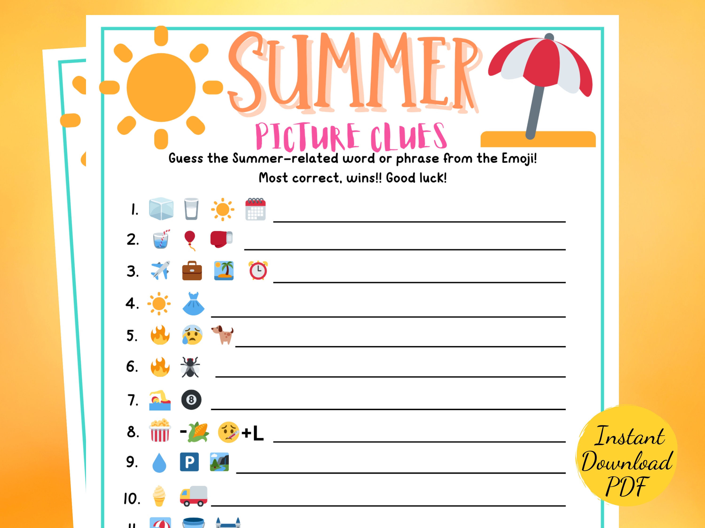 Summer PICTURE CLUES Guessing Game Printable Summer Season Party Game ...