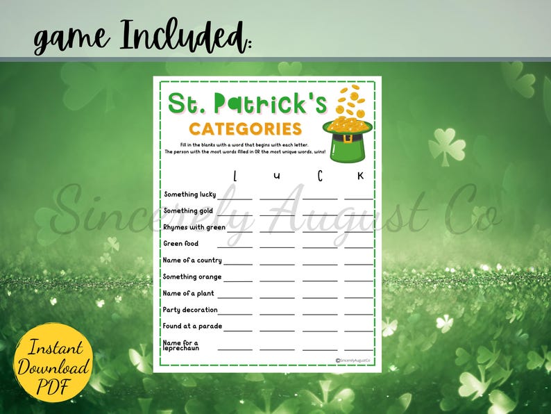 St. Patrick's Day CATEGORIES Game: Printable Party Activity (PDF) - Etsy