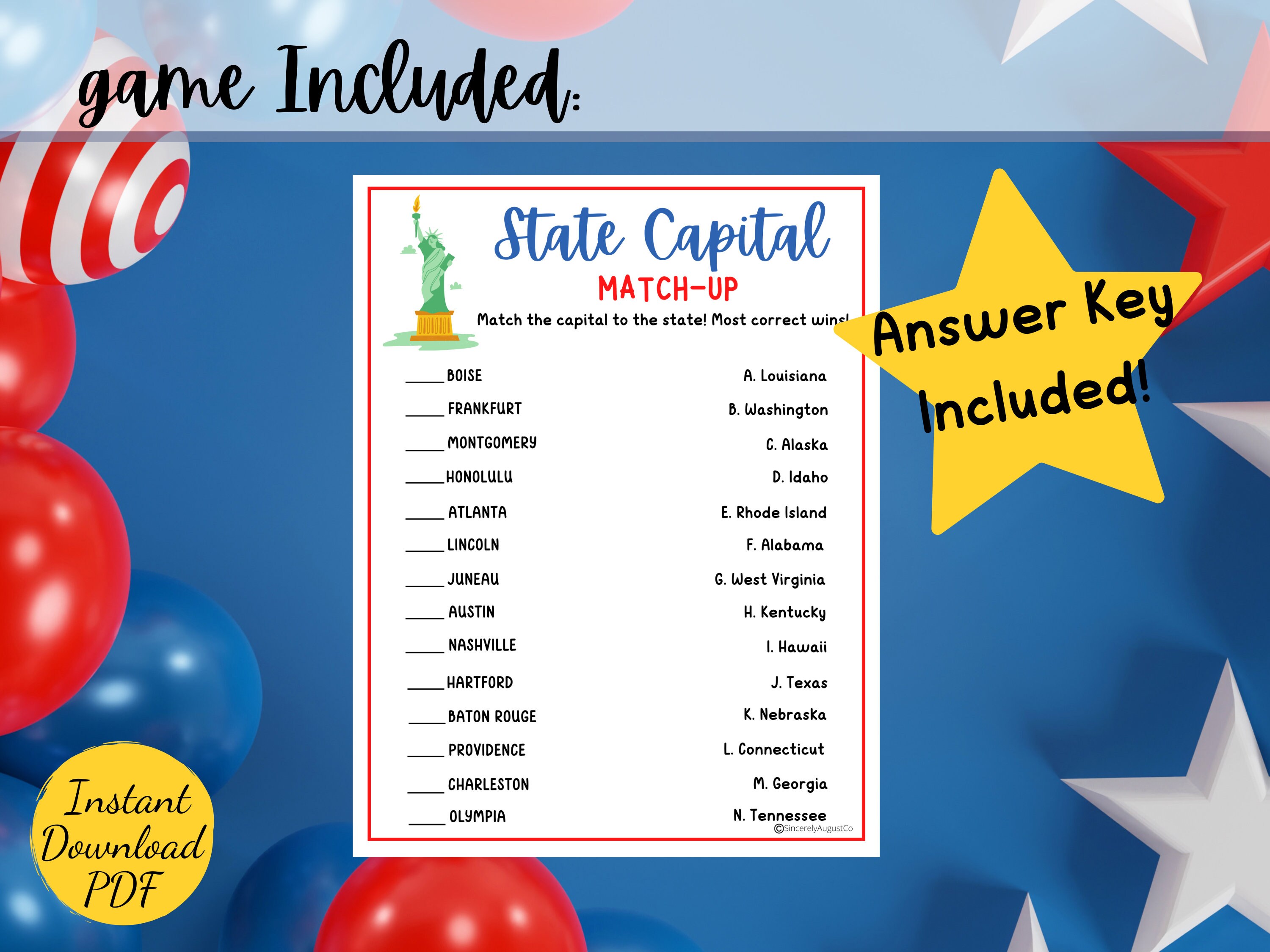 Fourth of July STATE CAPITAL MATCH Game July 4th Party Game - Etsy