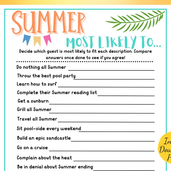 Pool Party SCAVENGER HUNT Game Printable Pool Party Game Scavenger Hunt ...