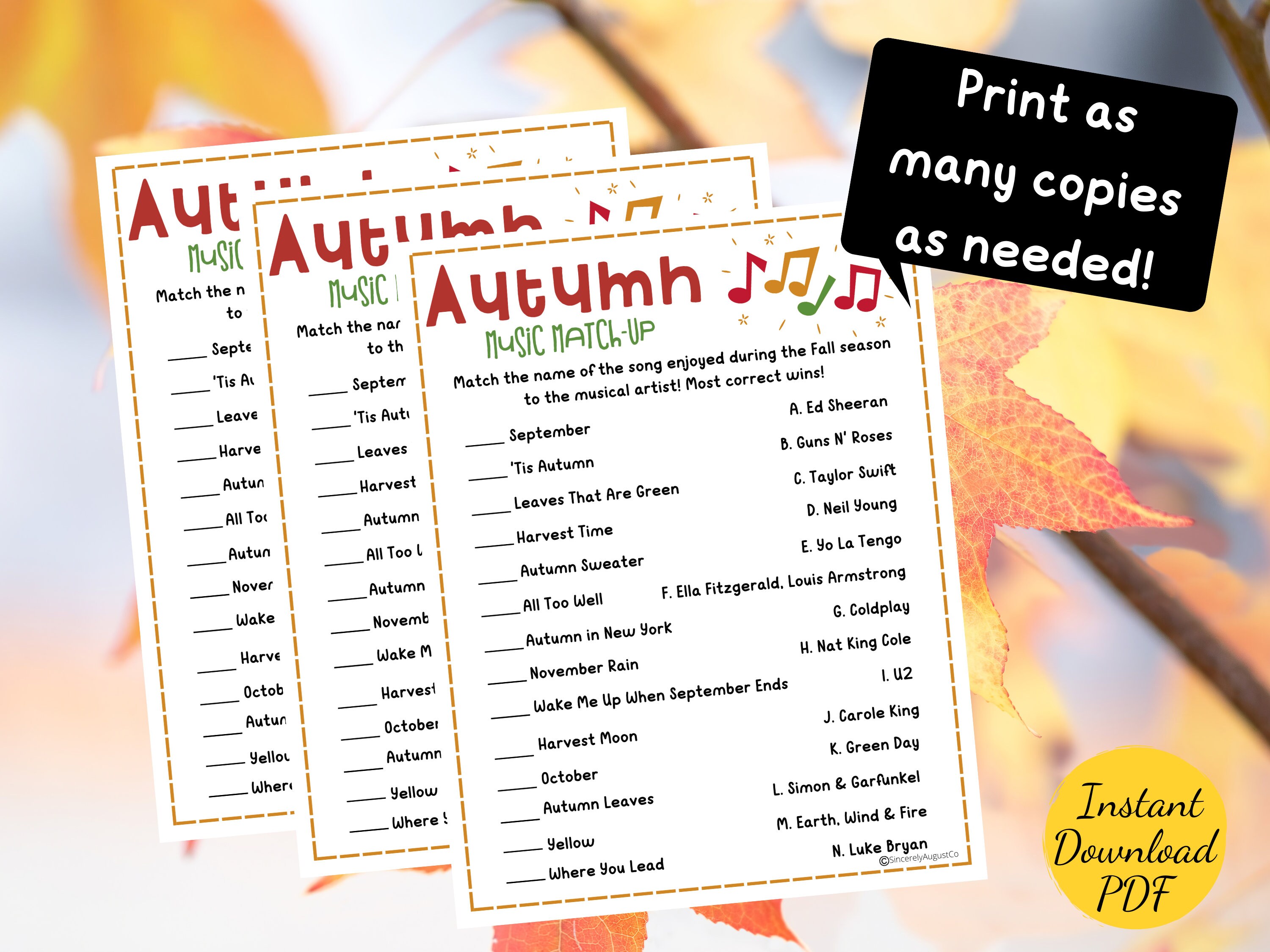 Fall MUSIC MATCH Game Printable Autumn Party Game Fall - Etsy