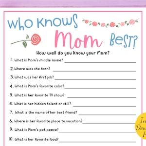 Who KNOWS MOM BEST Mothers Day Game Mothers Day Party Game Printable ...