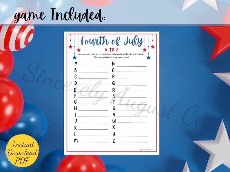 Fourth of July A TO Z Game - July 4th Party Game - Printable July 4th ...