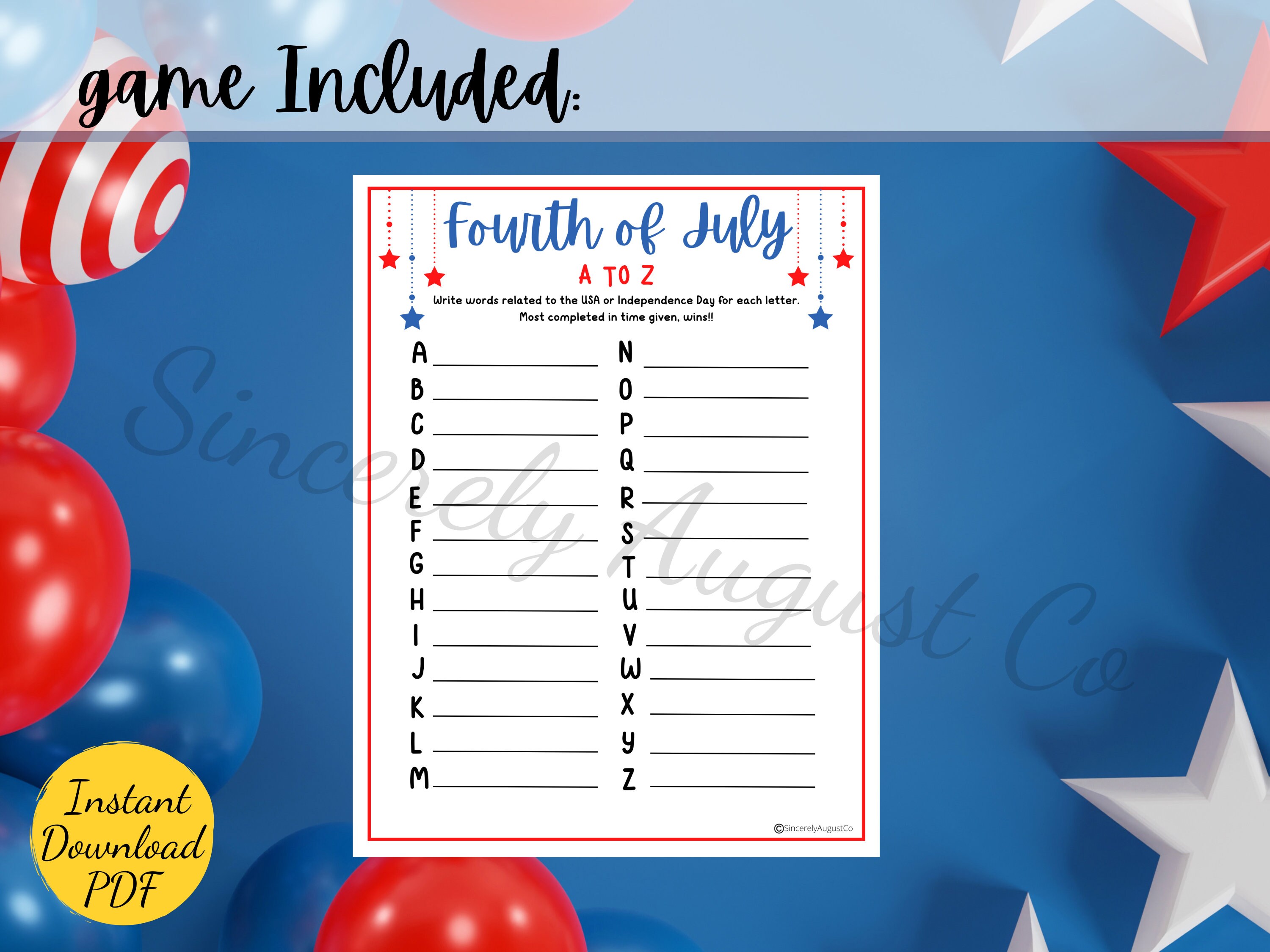 Fourth of July A TO Z Game - July 4th Party Game - Printable July 4th ...