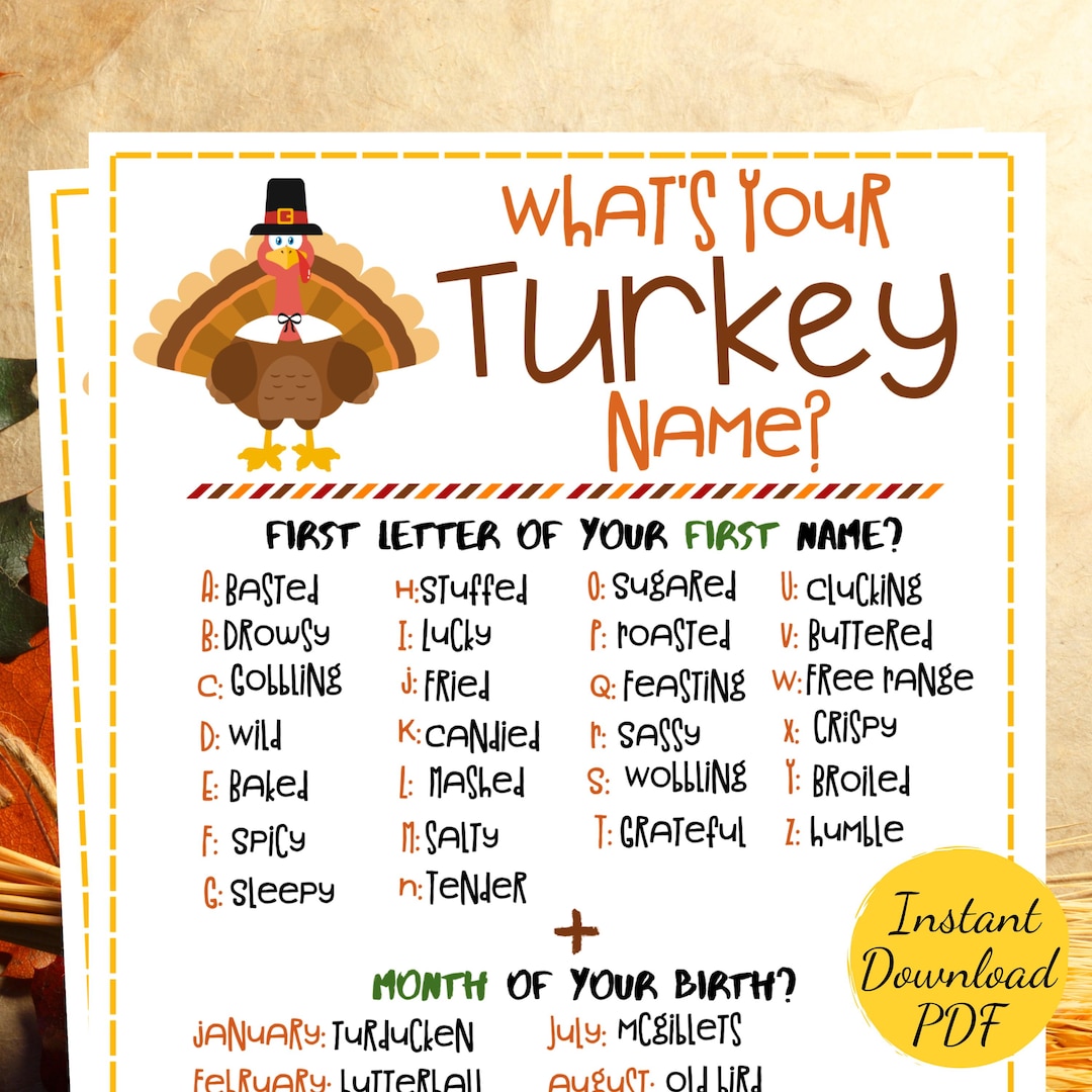 TURKEY NAME Game: Thanksgiving Party Activity (printable PDF) - Etsy