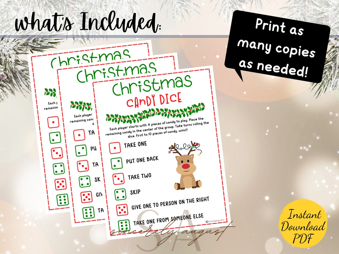 Christmas Candy Dice Christmas Party Game Printable Christmas Party ...