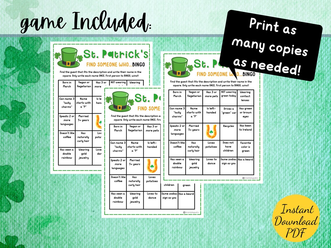 St. Patrick's Day BINGO Game St. Patrick's Find the Guest Bingo St ...