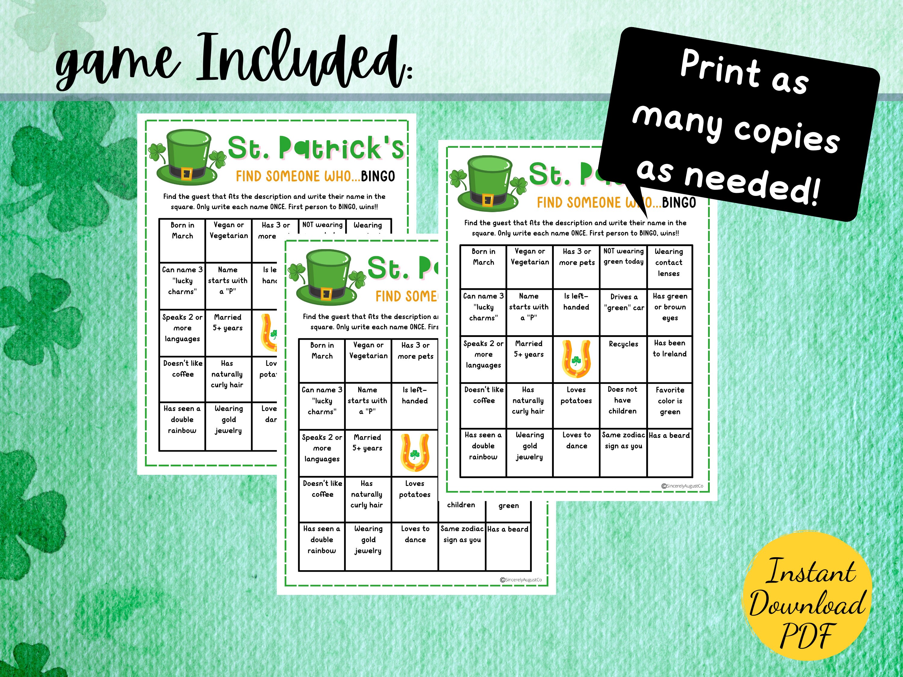 St. Patrick's Day BINGO Game St. Patrick's Find the Guest Bingo St ...